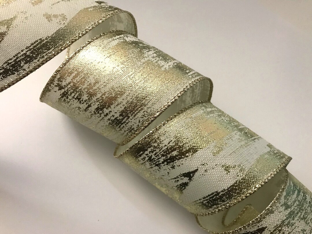 Christmas Ribbon, Ivory and Metallic Gold Ribbon, 2 1/2" Wide, Wired ...
