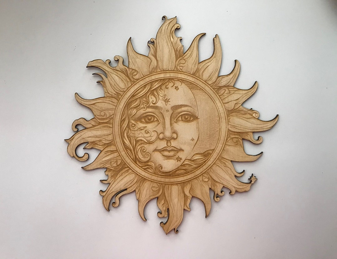 Sun Face Wood Plaque, Laser Cut Engraved Wood, Celestial Wall Art, Home ...