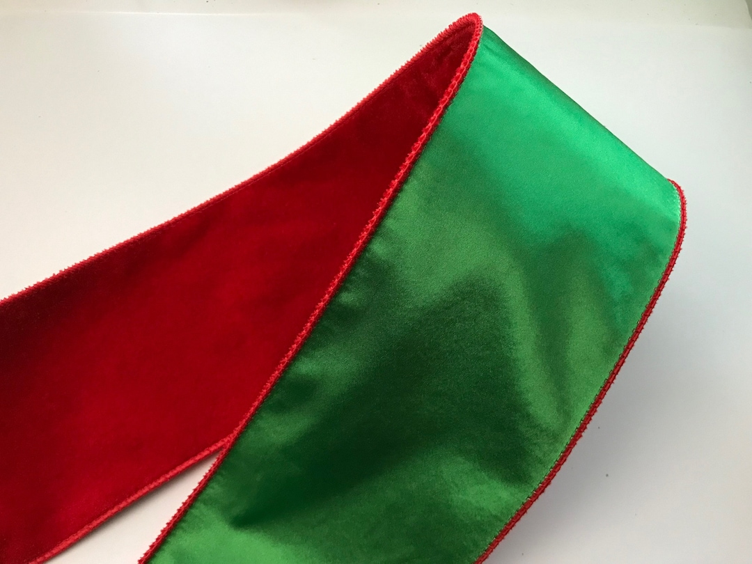 Christmas Ribbon, Red Velvet and Green Satin, 4" Wide, Wired Ribbon for ...