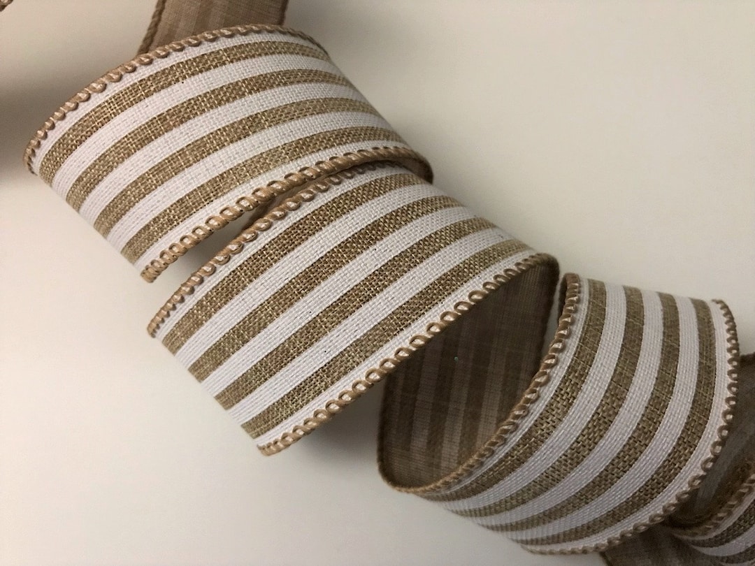 Beige and White Stripes Ribbon, 1 1/2" Wide, Wired Ribbon for Wreaths ...