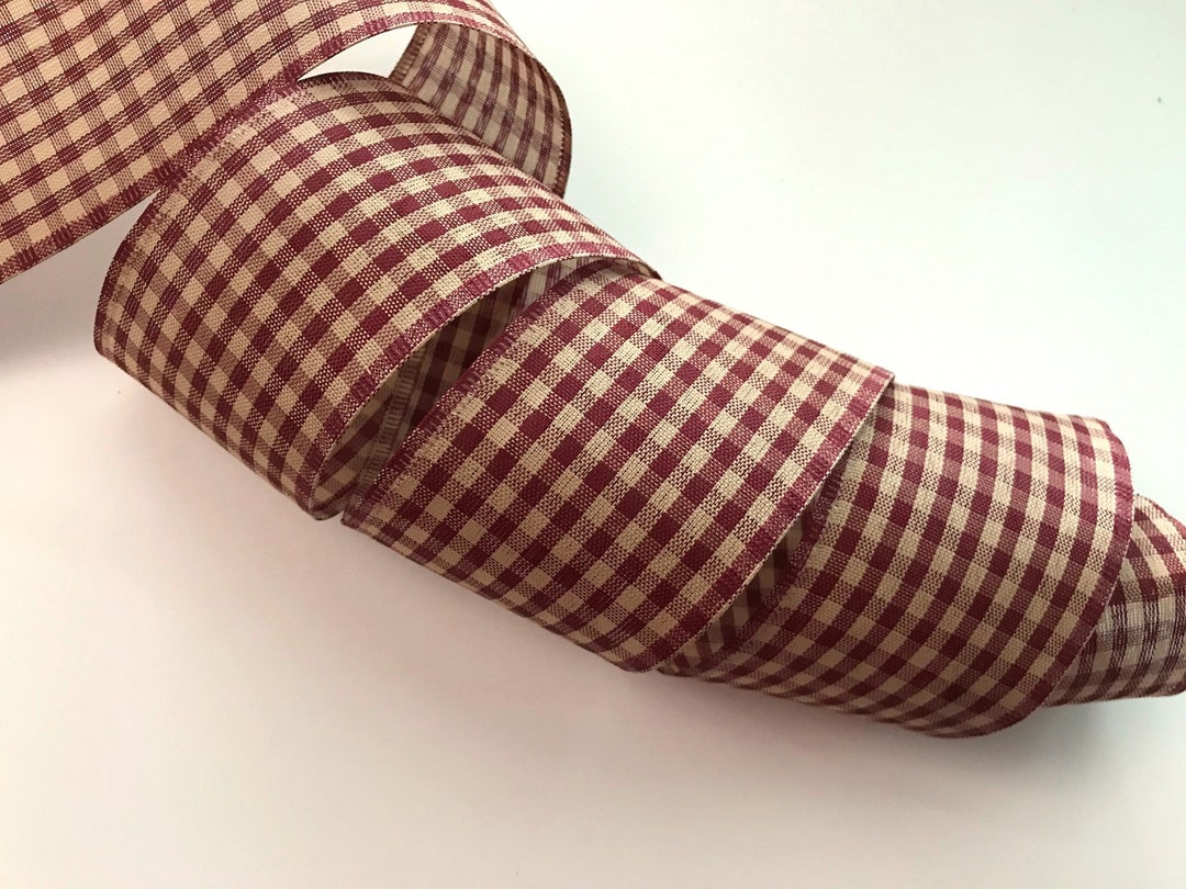 Tan and Burgundy Gingham Ribbon, 2 1/2" Wide, Wired Ribbon for Wreaths ...