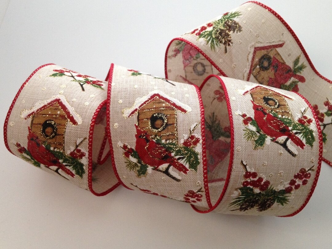 Christmas Ribbon, Cardinal With Birdhouse and Holly, 2 1/2 Wide, Wired ...