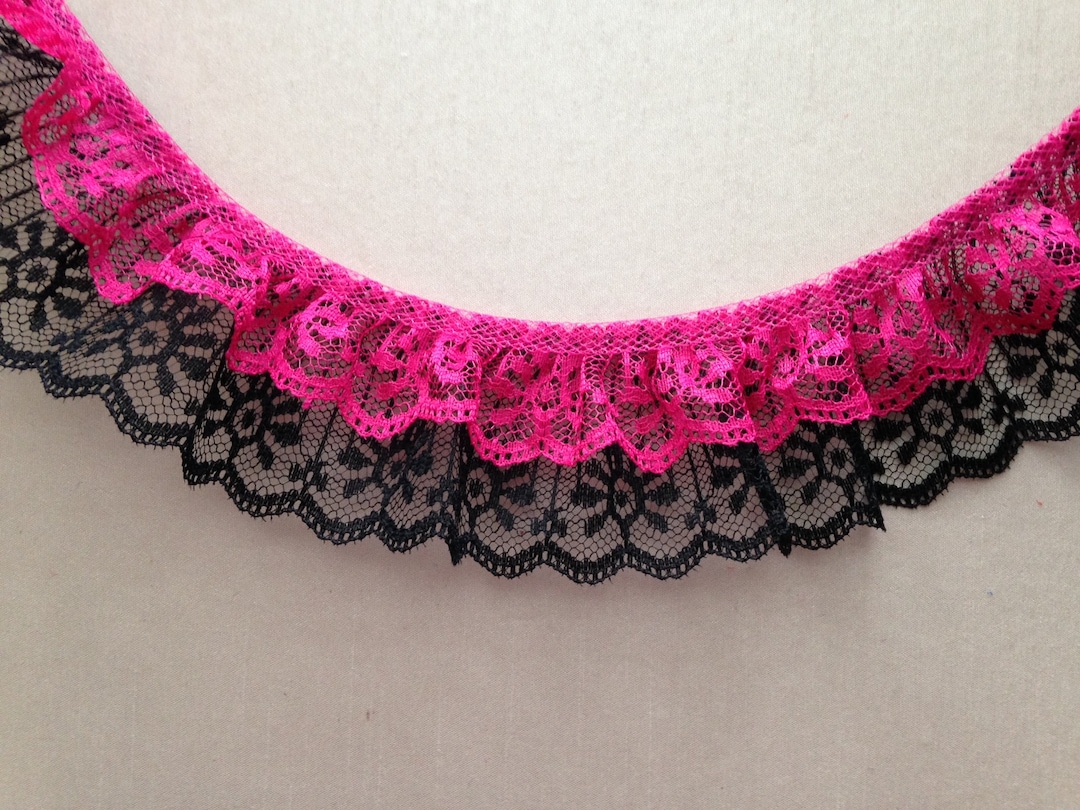 Double Ruffled Lace Trim, Hot Pink and Black Candlewick 2 Tier Lace ...