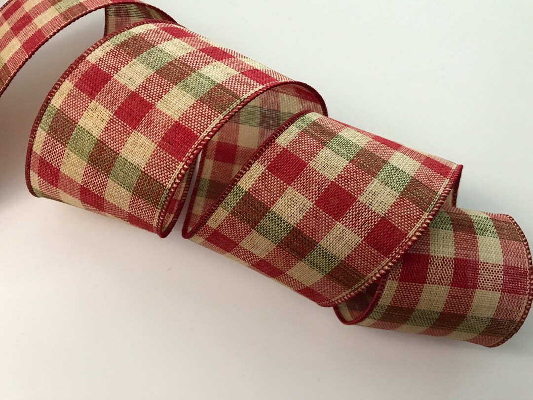 Multicolor Check Ribbon, Red Beige and Green, 2 1/2" Wide, Wired Edge ...