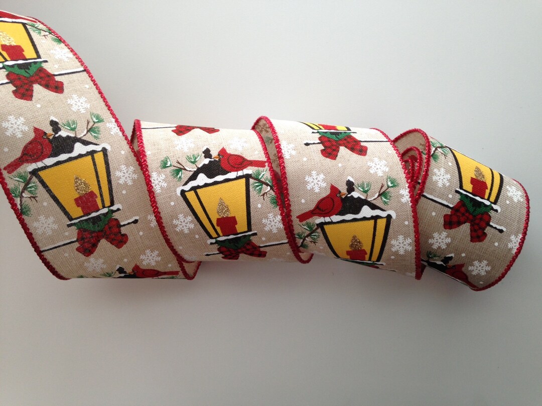 Christmas Ribbon, Lantern With Cardinal, 2 1/2" Wide, Wired Ribbon for ...