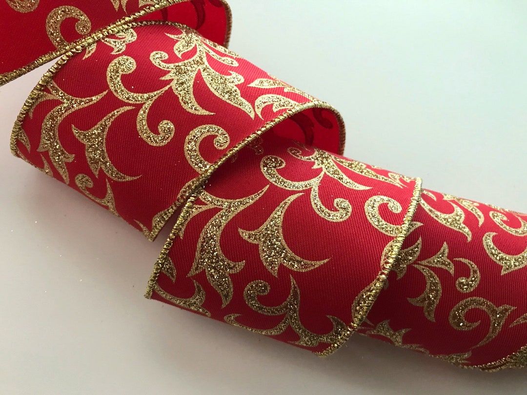 Christmas Ribbon, Red With Gold Sparkle, 2 1/2" Wide, Wired Edge Ribbon ...