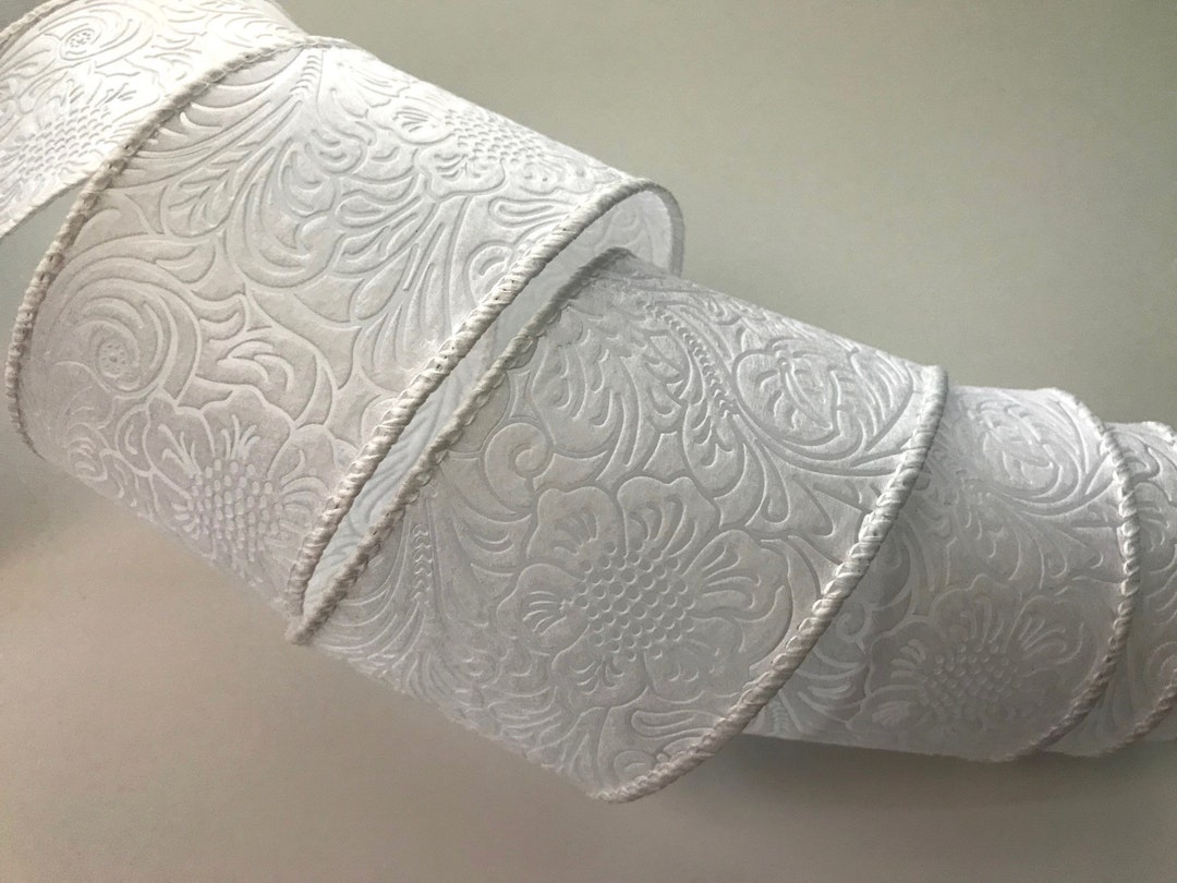 White Embossed Flowers Ribbon, 2 1/2" Wide, Wired Ribbon for Wreaths ...