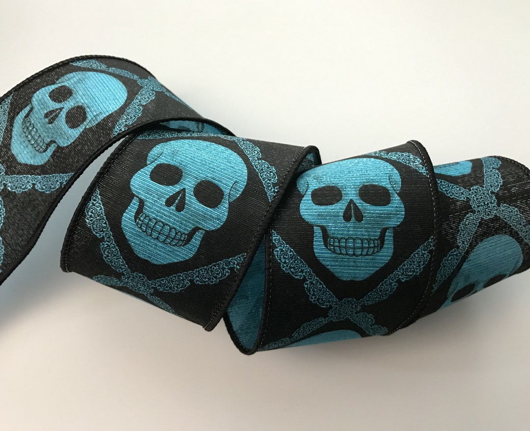 Metallic Skulls Ribbon, Black and Turquoise, 2 1/2" Wide, Wired Edge ...