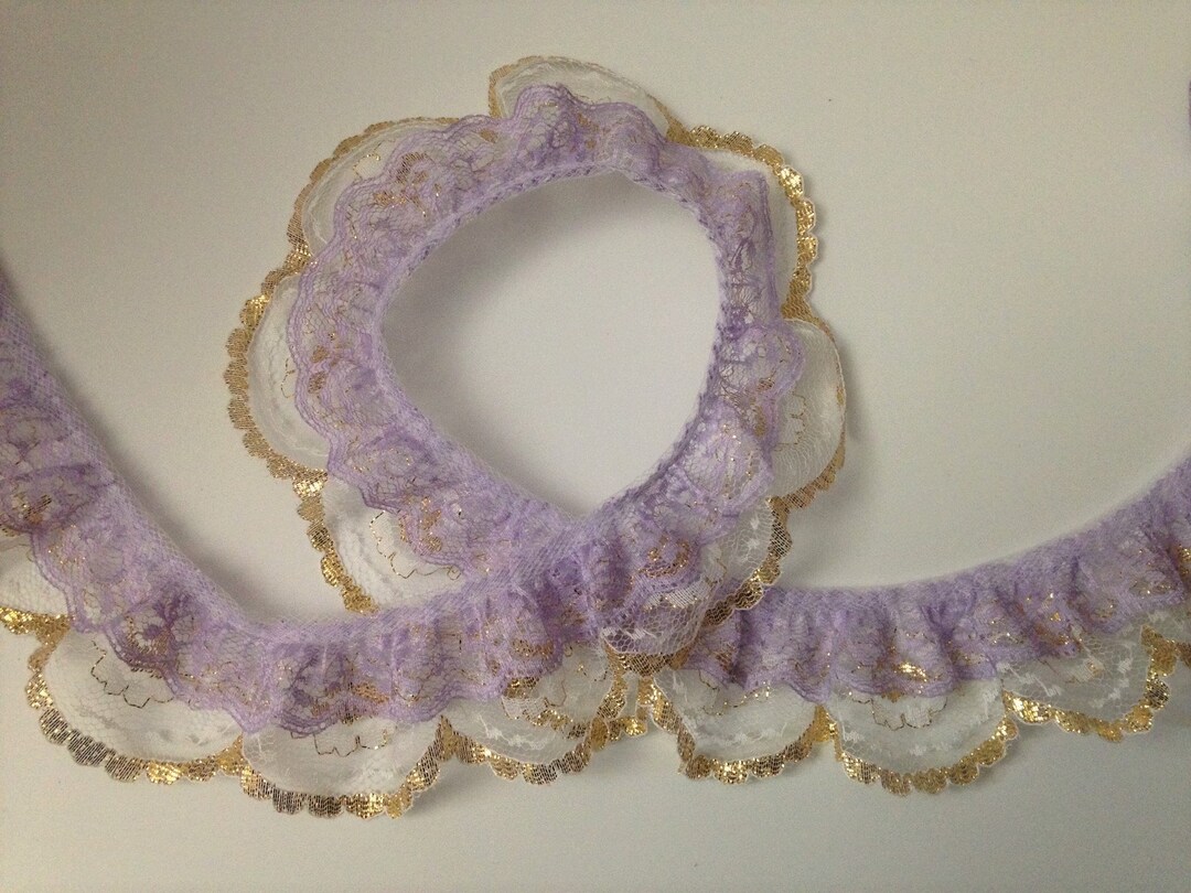 Double Ruffled Scalloped Edge Lace Trim, Lavender and Gold, 2 Tier Lace ...