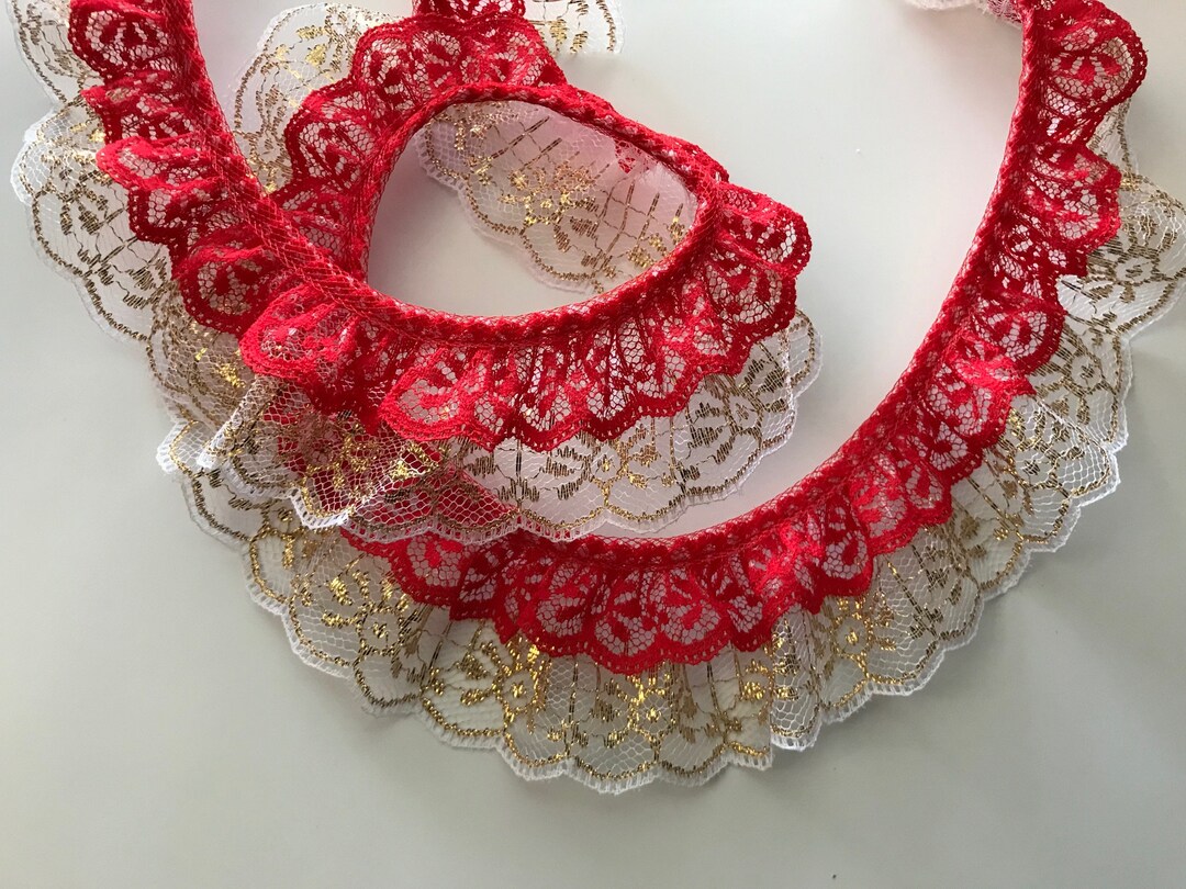 Double Ruffled Lace Trim, Red and Gold, 2 YARDS, 2 Tier Lace, Christmas ...