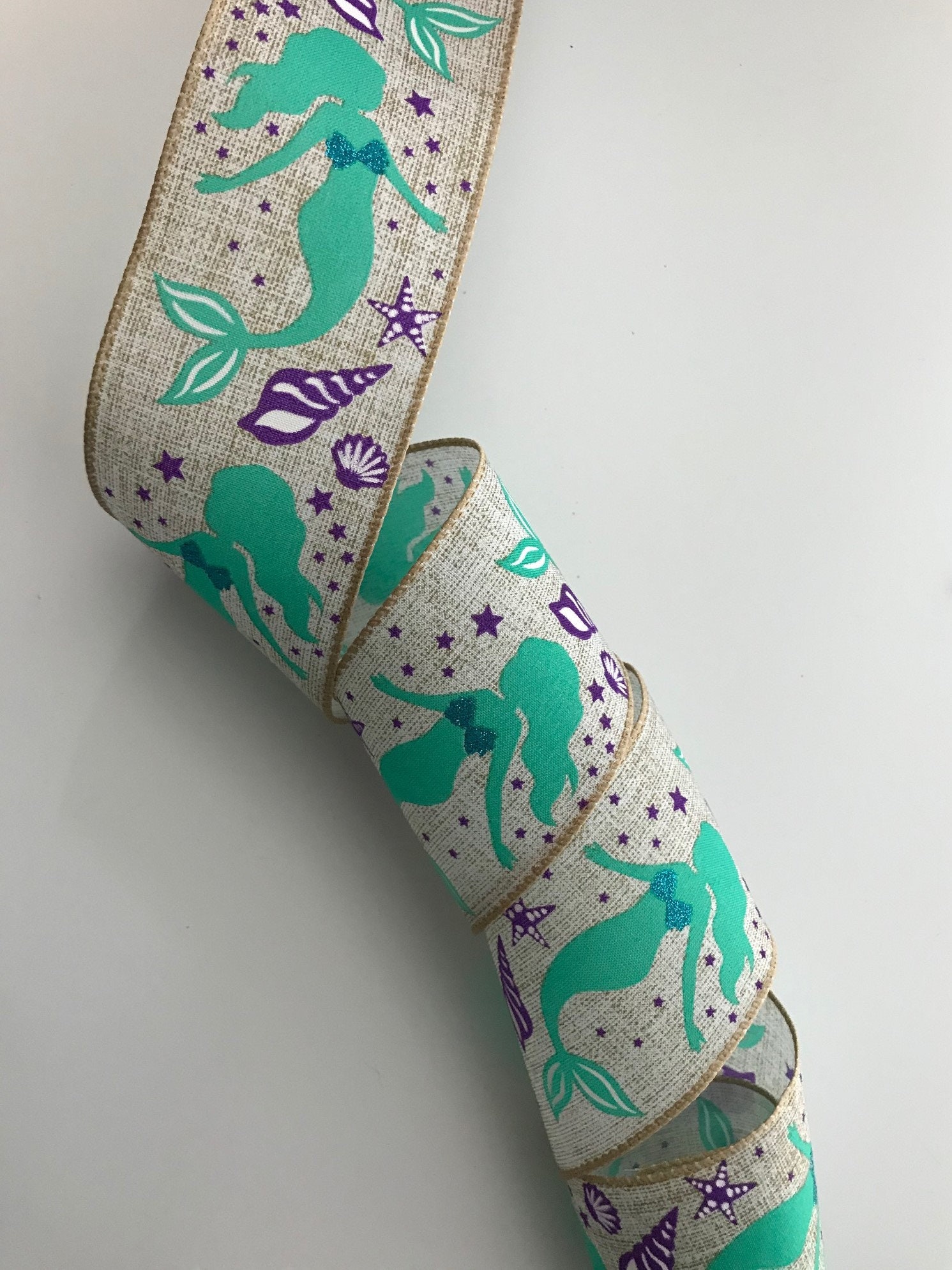 Mermaid and Seashells Ribbon, 2 1/2" Wide, Wired Edge Ribbon for Sea ...