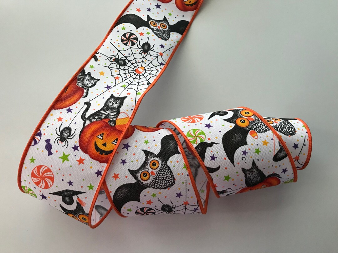 Halloween Ribbon, Bats Cats Spiders Pumpkins, 2 1/2" Wide, Wired Edge ...