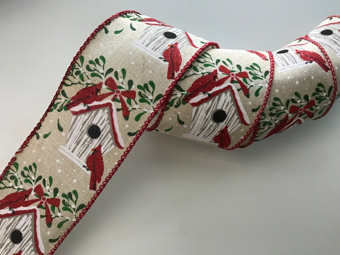 Christmas Ribbon, Cardinal With Birdhouse, 2 1/2" Wide, Wired Ribbon ...