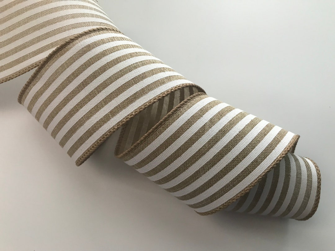 Beige and White Stripes Ribbon, 2 1/2" Wide, Wired Edge Ribbon for ...