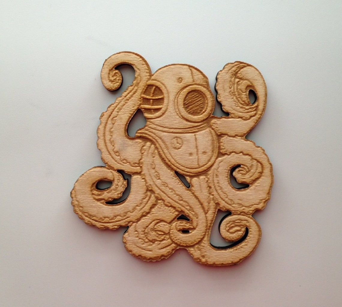 Wooden Octopus With Diver Helmet Laser Cut and Engraved Wood - Etsy
