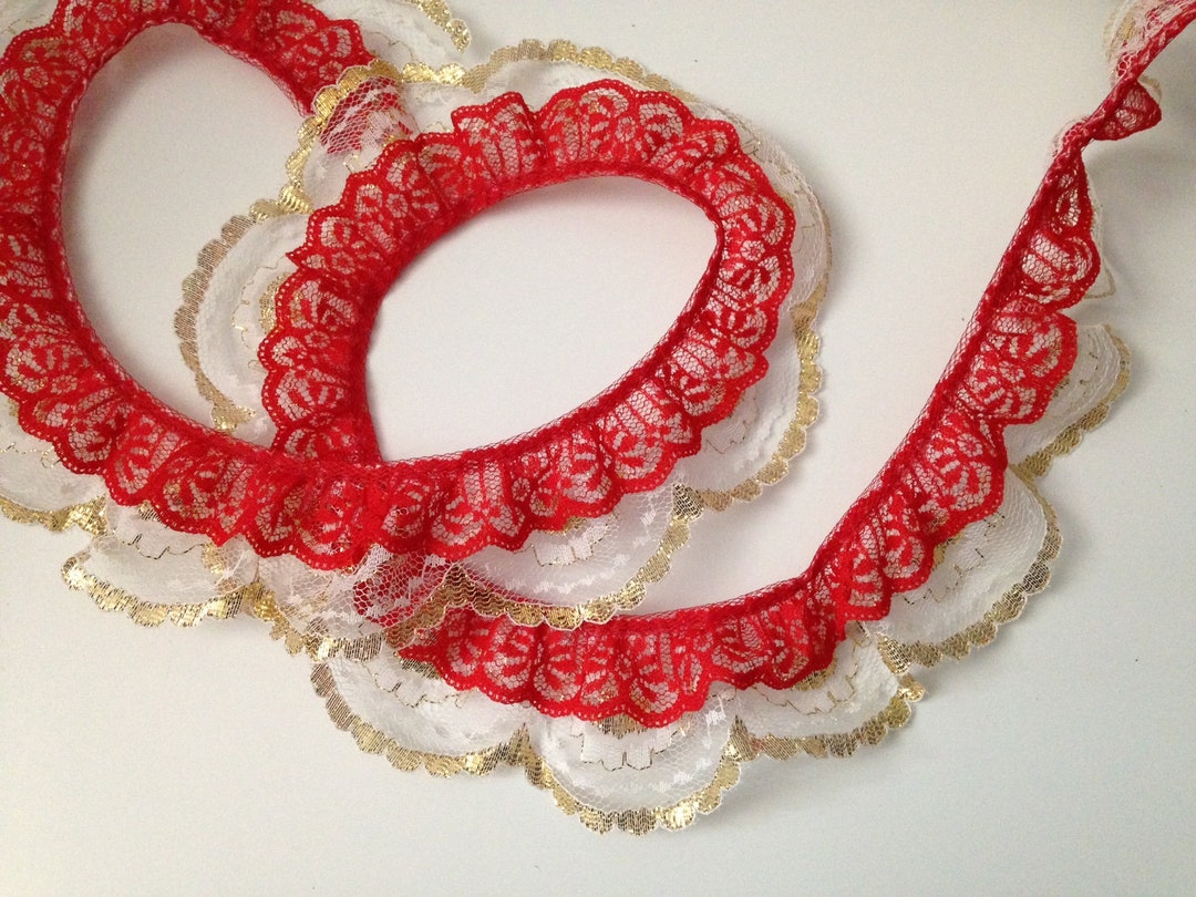 Double Ruffled Lace Trim, Red and Gold Scalloped Lace Trim, 2 Tier Lace ...