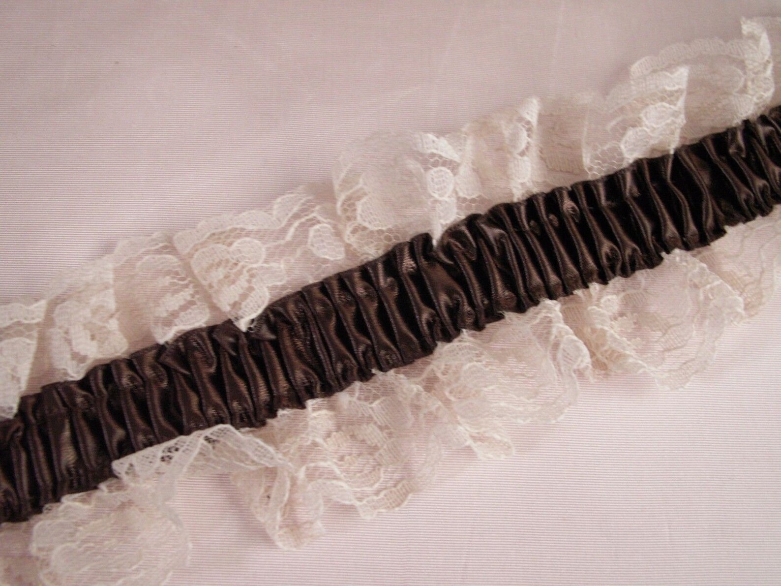 Elastic Ruffled Lace Trim, Beige Lace With Brown Ribbon, Apparel ...