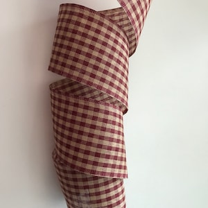 Tan and Burgundy Gingham Ribbon, 2 1/2" Wide, Wired Ribbon for Wreaths ...