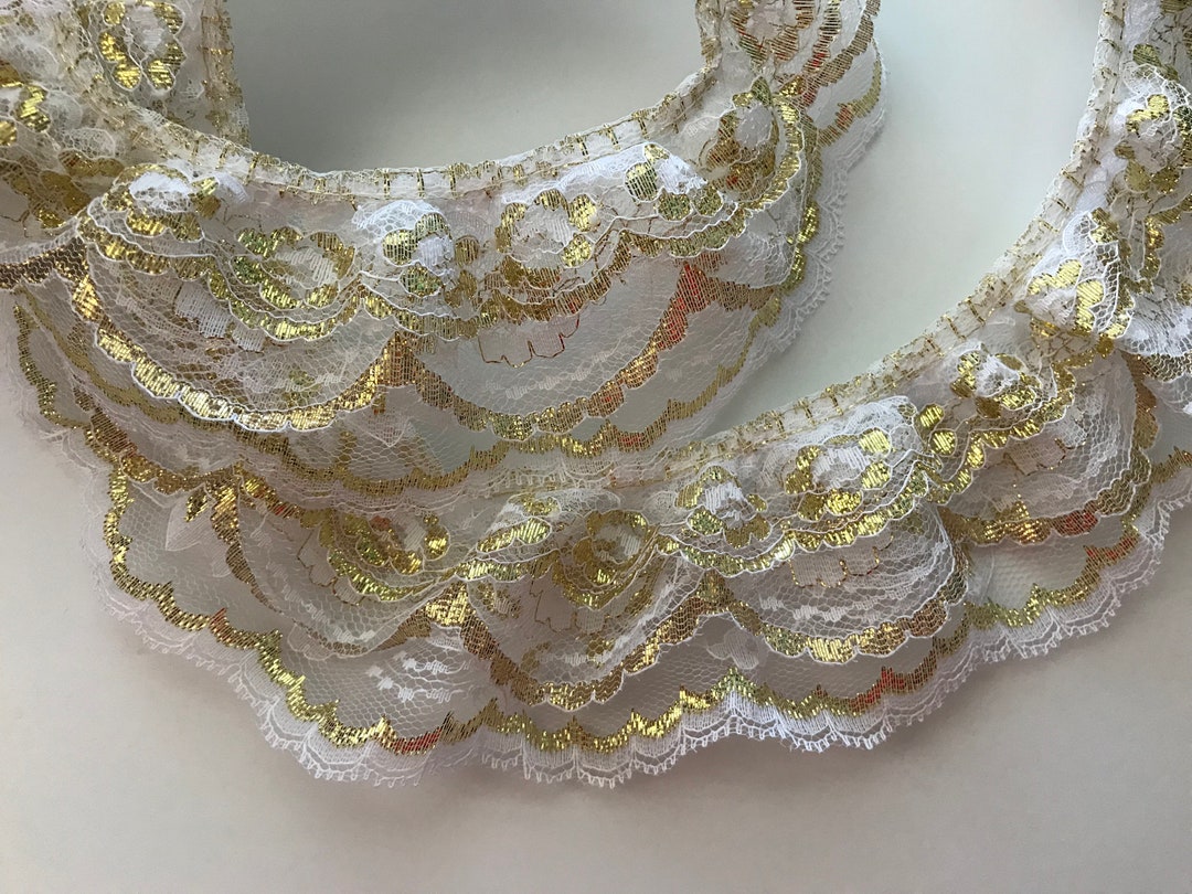 White and Gold Triple Ruffled Lace Trim, Christmas Crafts, Bridal ...