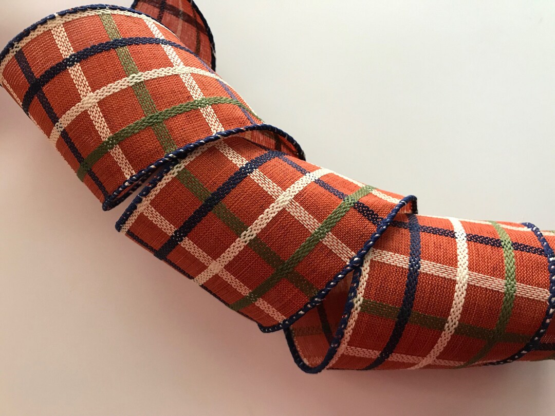 Rust Ribbon With Crisscrossing Trellis Lines in Moss Green, Navy and ...