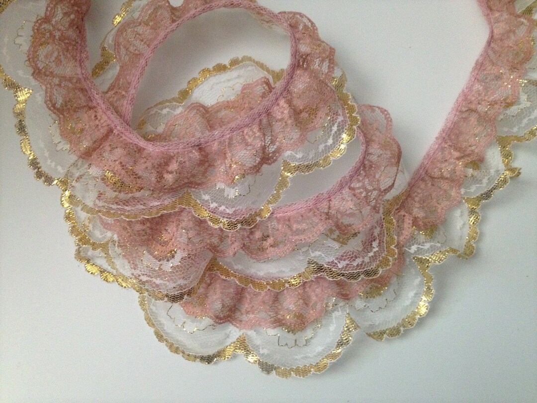 Double Ruffled Scalloped Edge Lace Trim, Dusty Rose and Gold, 2 Tier ...