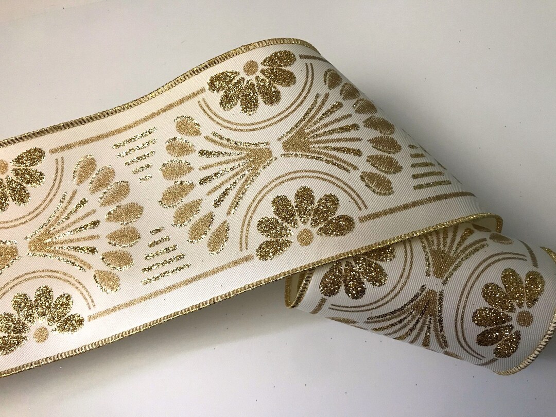 Christmas Ribbon, Ivory With Gold Sparkle, 4" Wide, Wired Ribbon for ...