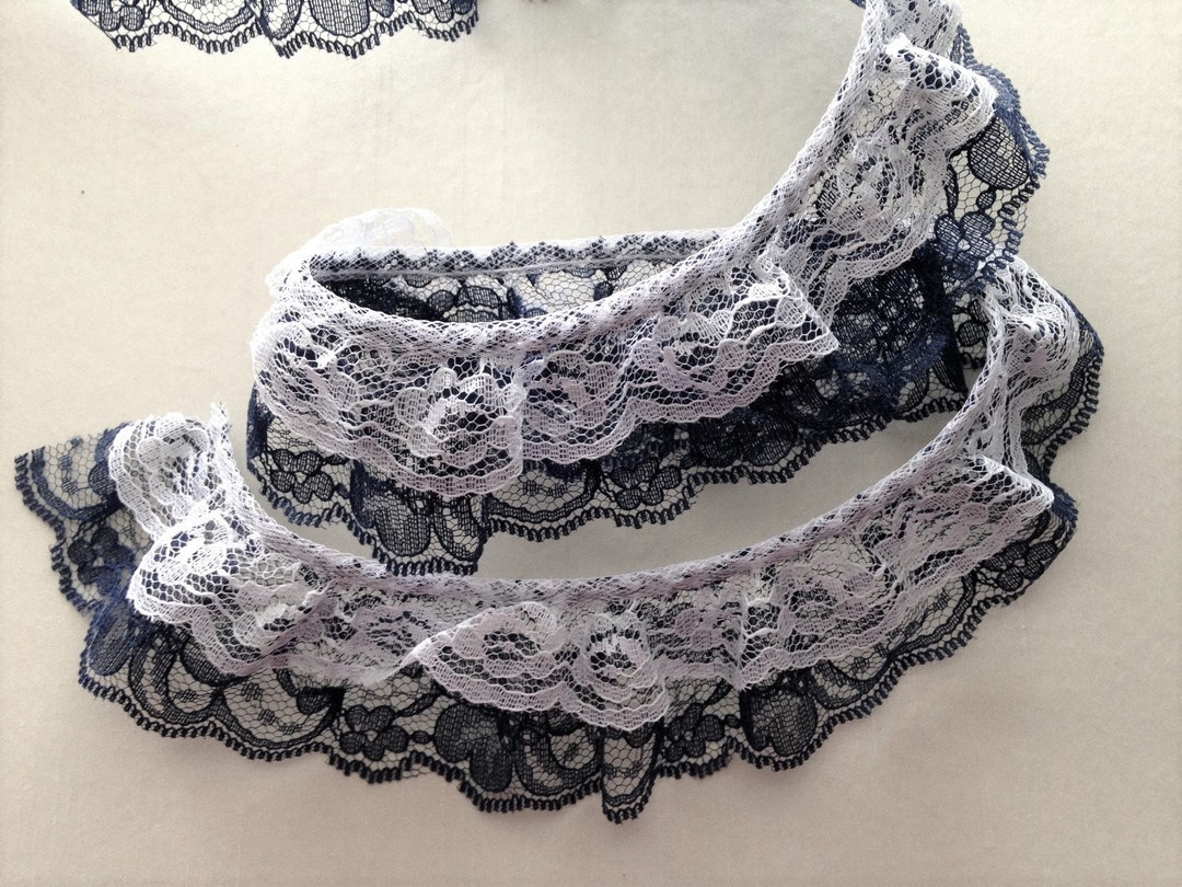 White and Navy Double Ruffled Lace Trim, 2 Tier Lace Trim for Apparel ...