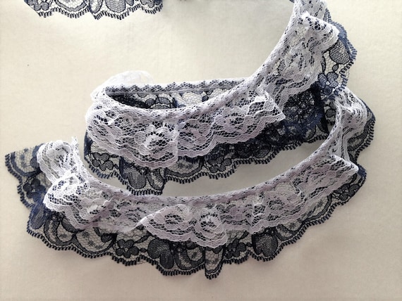 Double Ruffled Lace Trim White and Navy Lace 2 YARDS Lace - Etsy