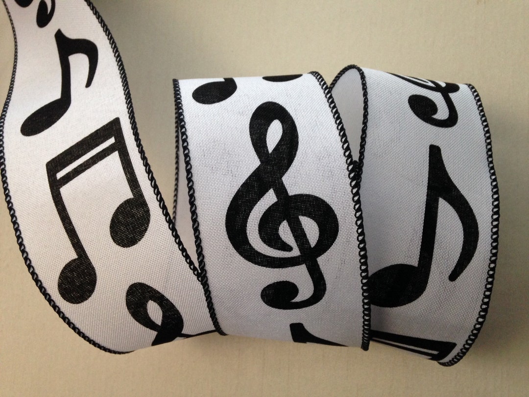 White Ribbon With Black Music Notes, 2 1/2" Wide, Wired Edge Ribbon for ...