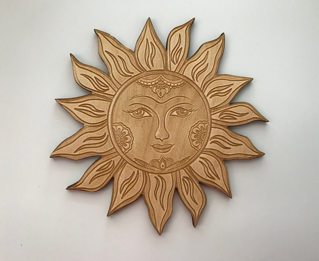 Sun Face Wood Plaque, Laser Cut Engraved Wood, Celestial Wall Art, Home ...
