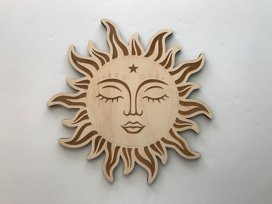 Sun Face Wood Plaque, Laser Cut and Engraved Wood, Celestial Wall Art ...
