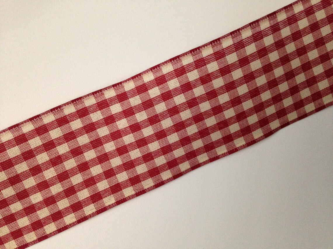 Cranberry Red and Natural Gingham Ribbon, 2 1/2" Wide, Wired Ribbon for ...