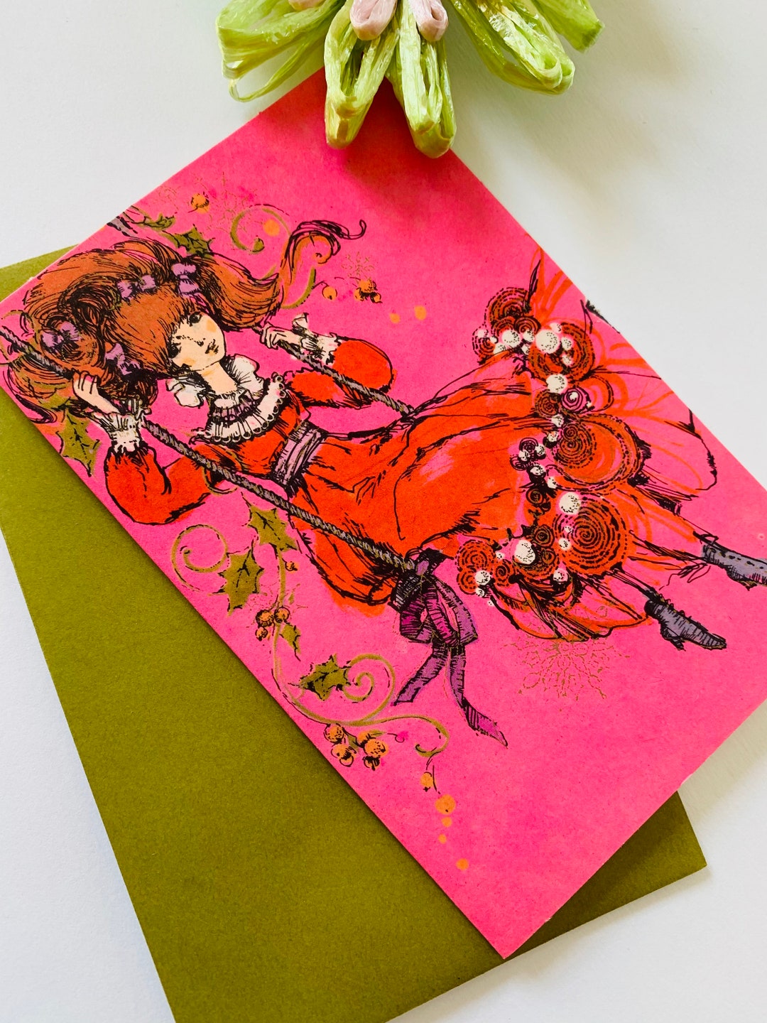 Vintage Psychedelic Groovy Girl on Swing American Greetings Christmas ...
