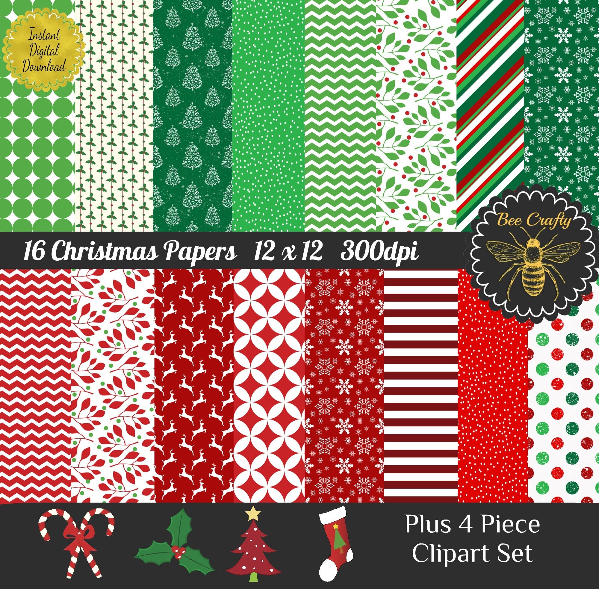 Christmas Digital Paper Pack Red Green Mixed Patterns Gift - Etsy