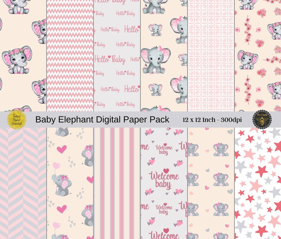 Baby Elephant Digital Paper Pack | Seamless Pink Grey Baby Shower ...