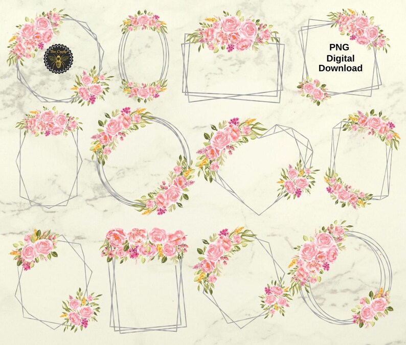 12 Pink Coral Rose Floral Silver Geometric Polygonal Frames - Etsy