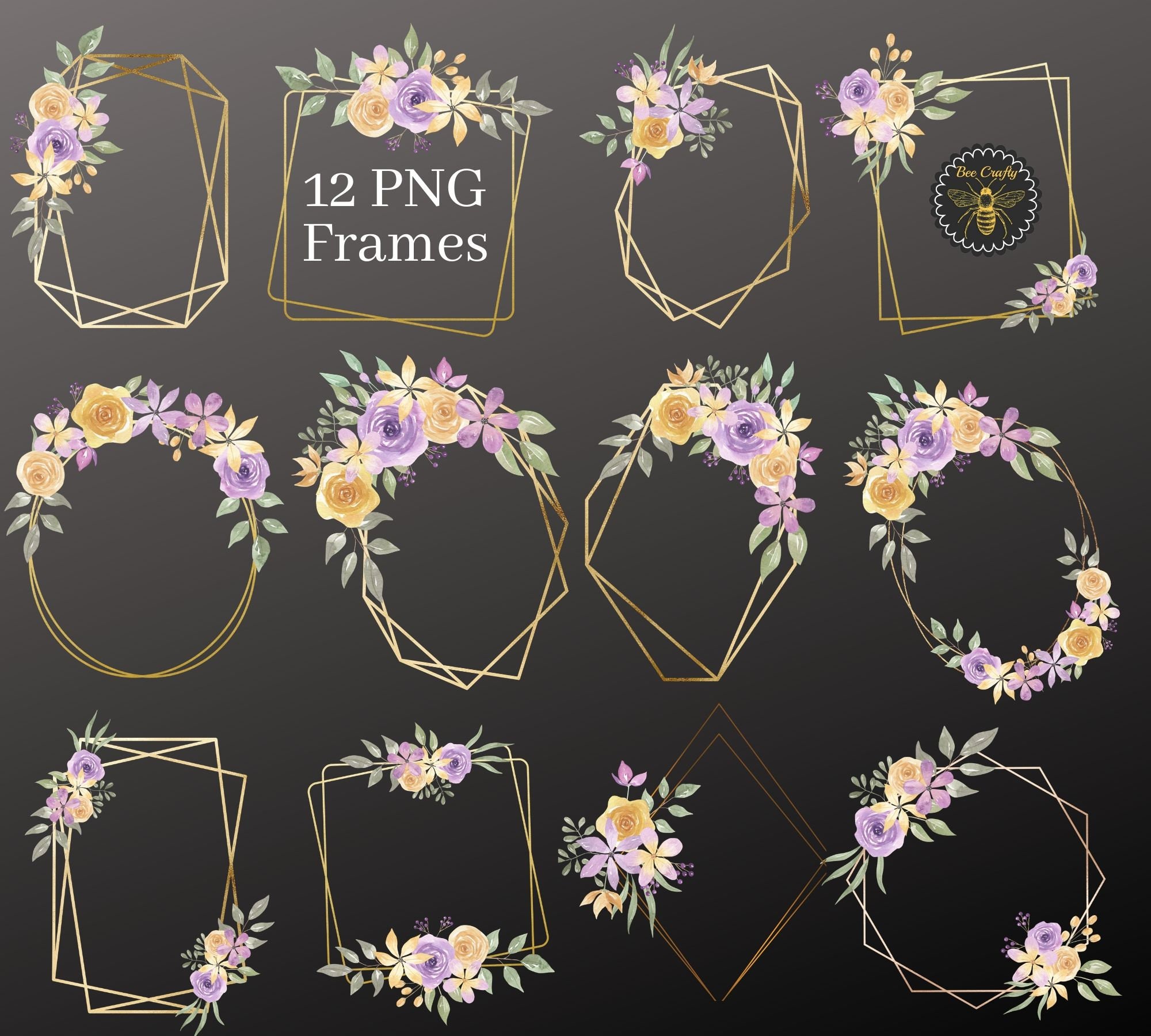 12 Lilac Lemon Rose Floral Geometric Polygonal Frames Gold & - Etsy UK