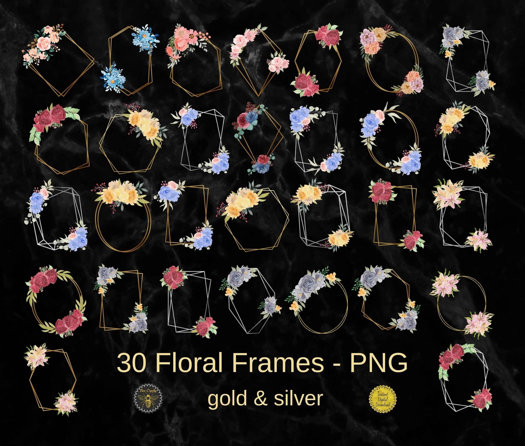Floral Geometric Polygon Frames Silver and Gold Flower - Etsy UK