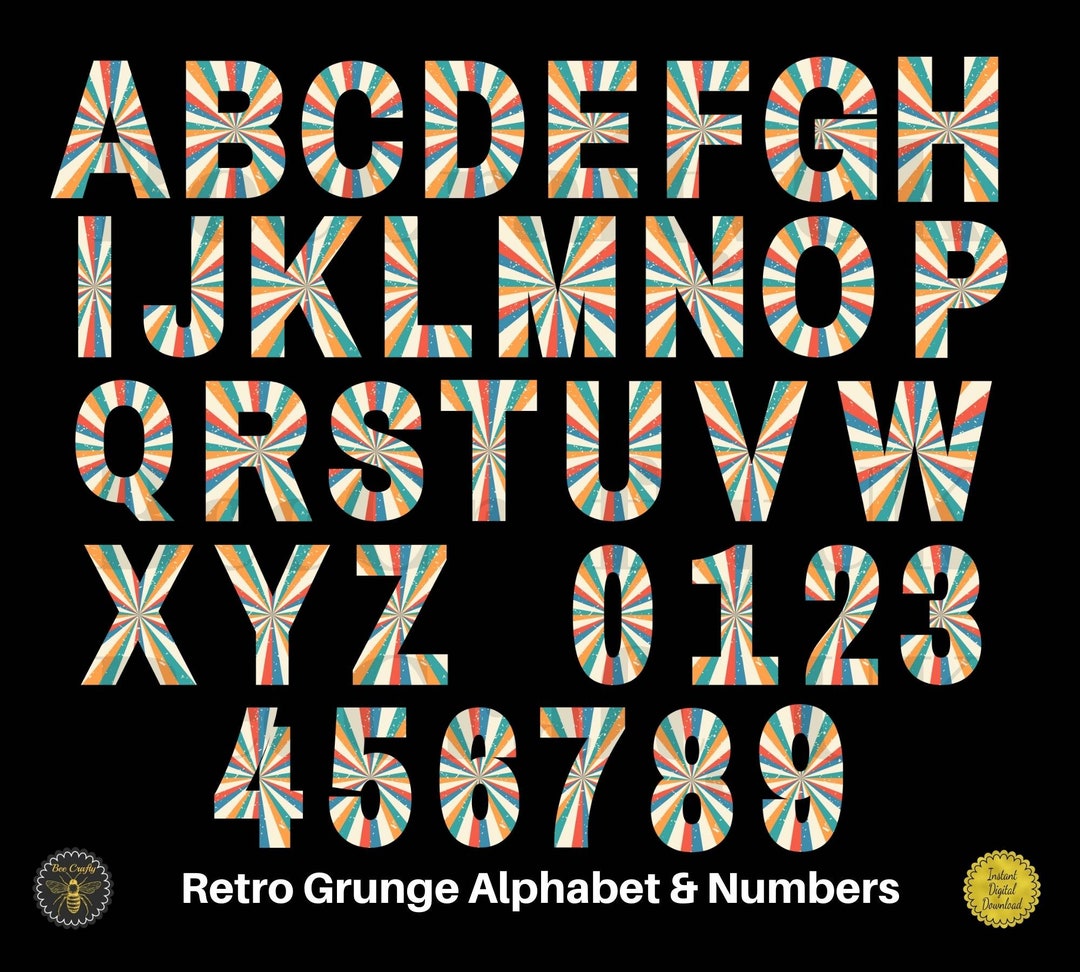 Retro Grunge Letters & Numbers | Vintage Starburst Alphabet A-Z Numbers ...
