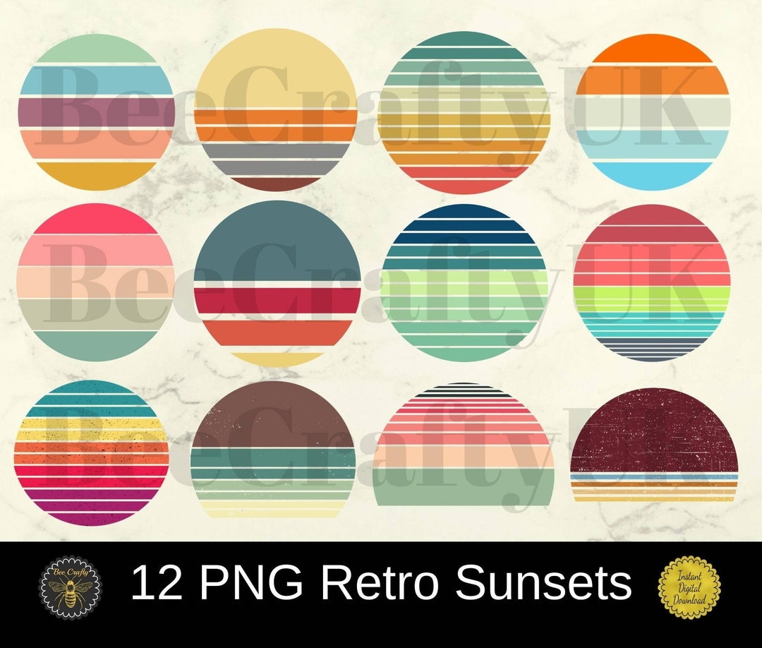 Retro Sunset Bundle | 12 Sunsets Circle Design Elements Clipart ...