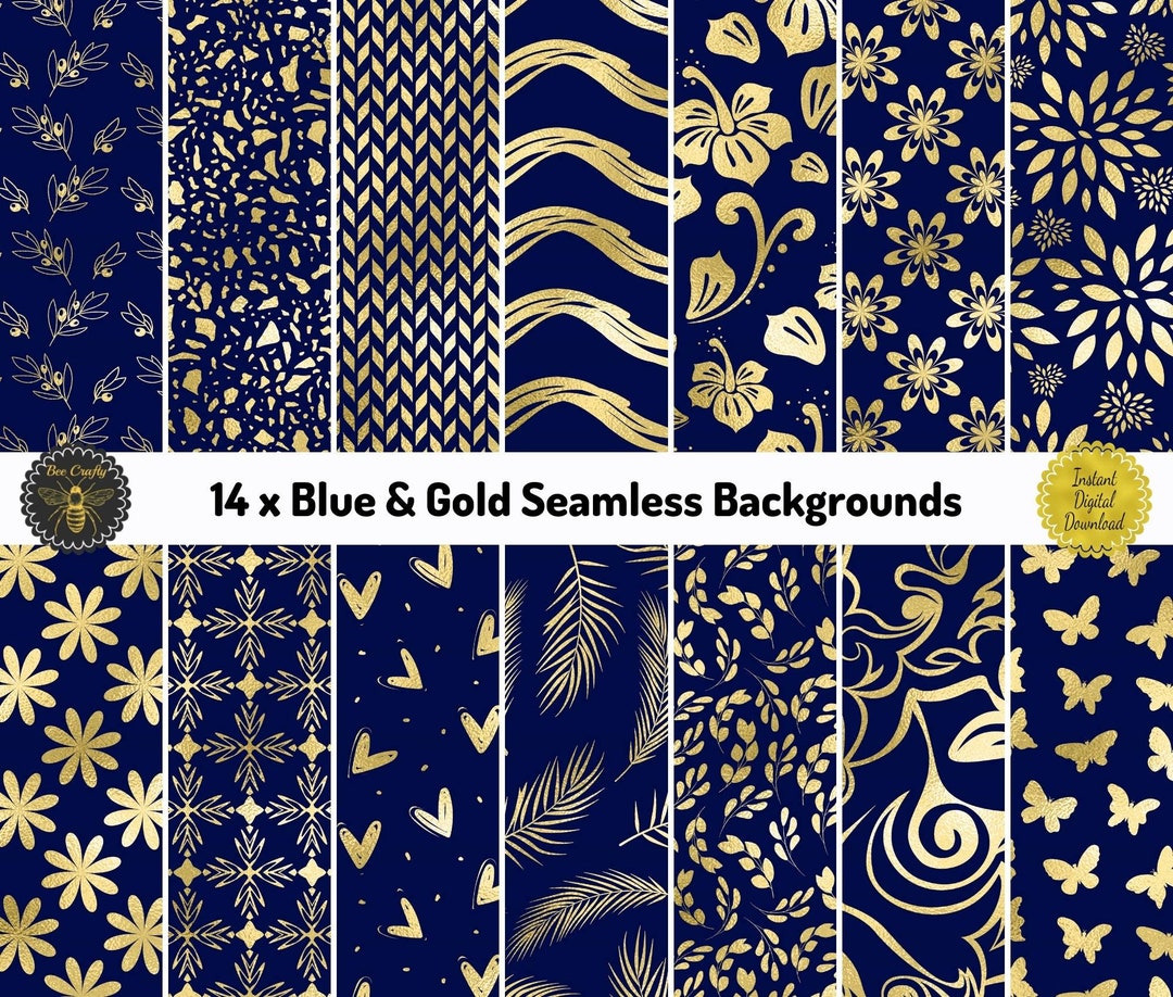 Blue & Gold Digital Paper Seamless Gold Foil Backgrounds Gold Blue ...