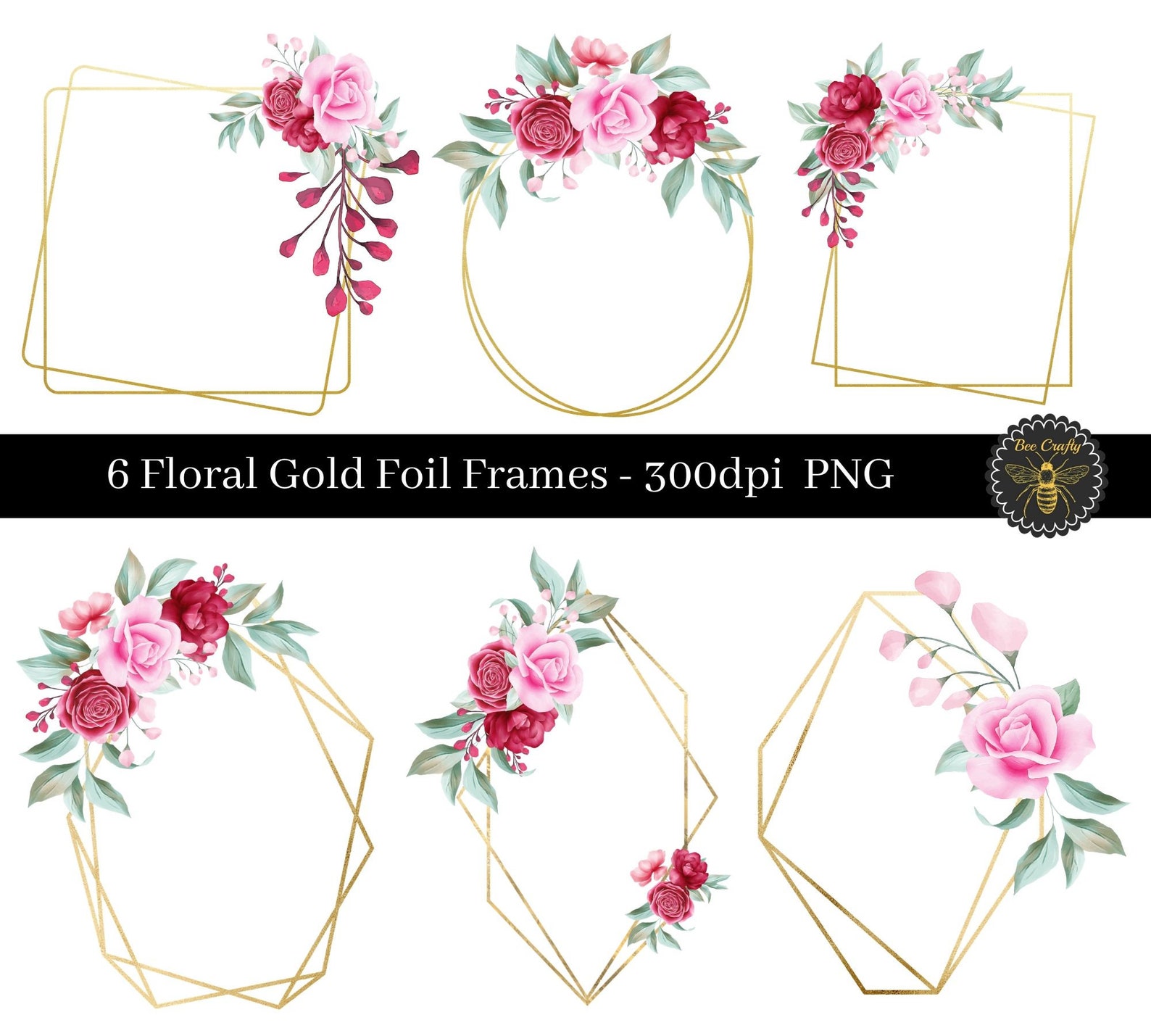 Cerise Pink Roses Gold Foil Geometric Polygon Frames Rose Flower ...