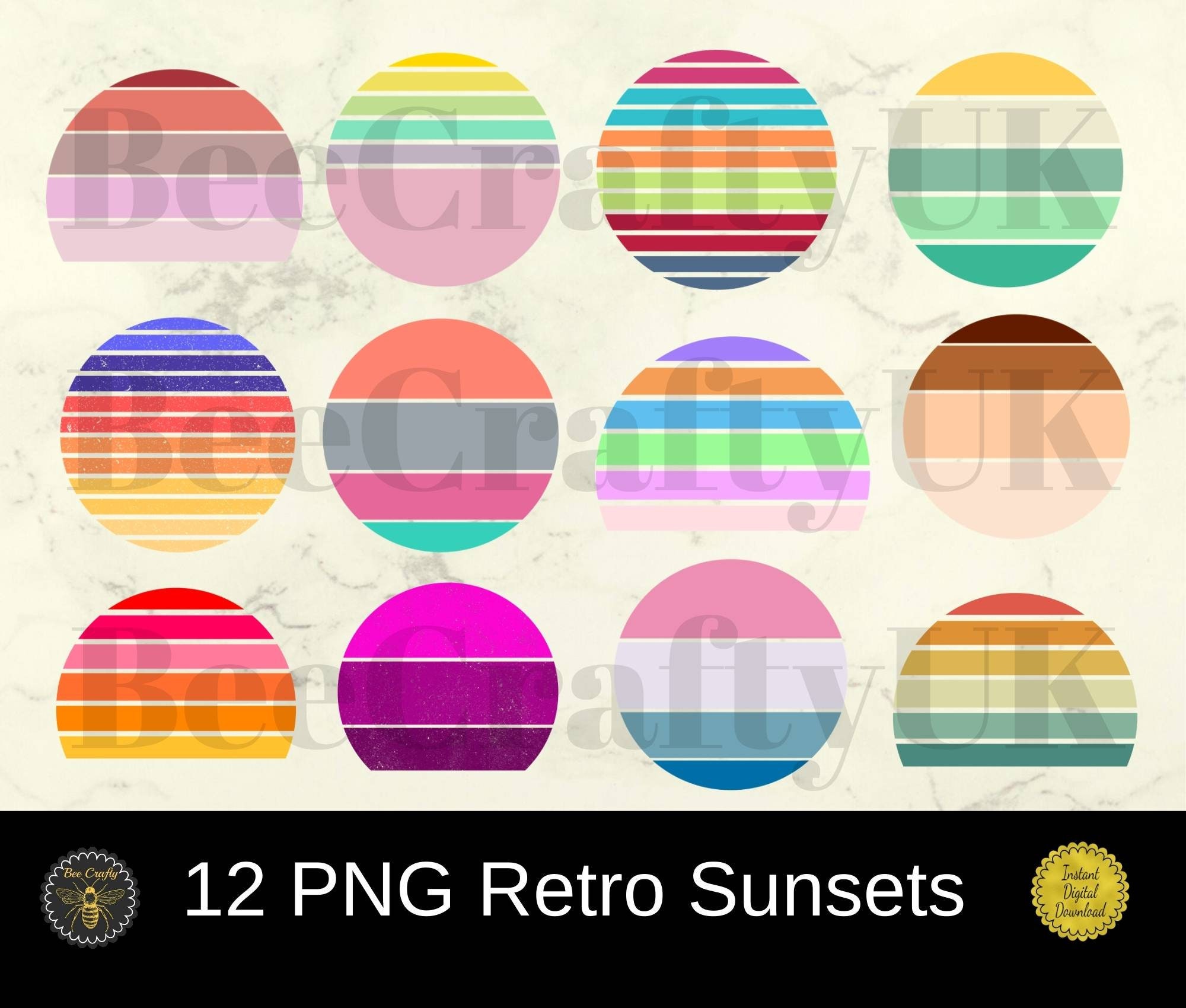Retro Sunset Bundle 12 Sunsets Circle Design Elements | Etsy