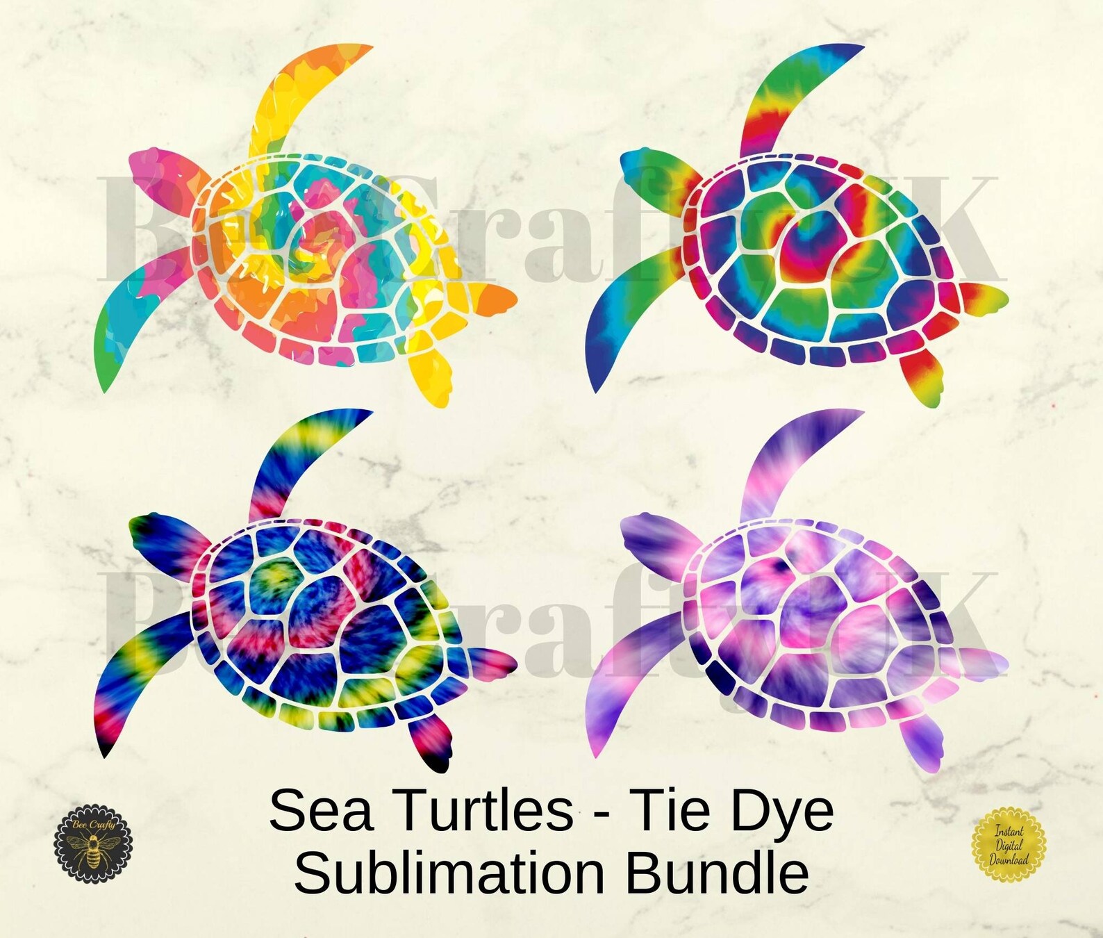 Sea Turtles Tie Dye Bundle - 4 X PNG Marine Life Sublimation Designs ...