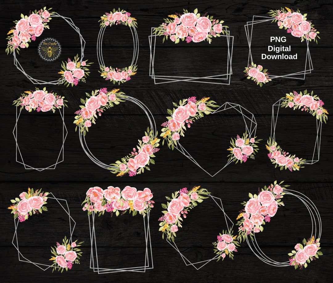 12 Pink Coral Rose Floral Silver Geometric Polygonal Frames | Flowers ...