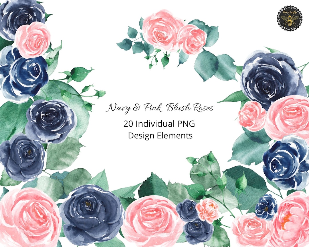 Watercolour Navy Blue & Blush Pink Roses Clipart | Rose Flowers Foliage ...