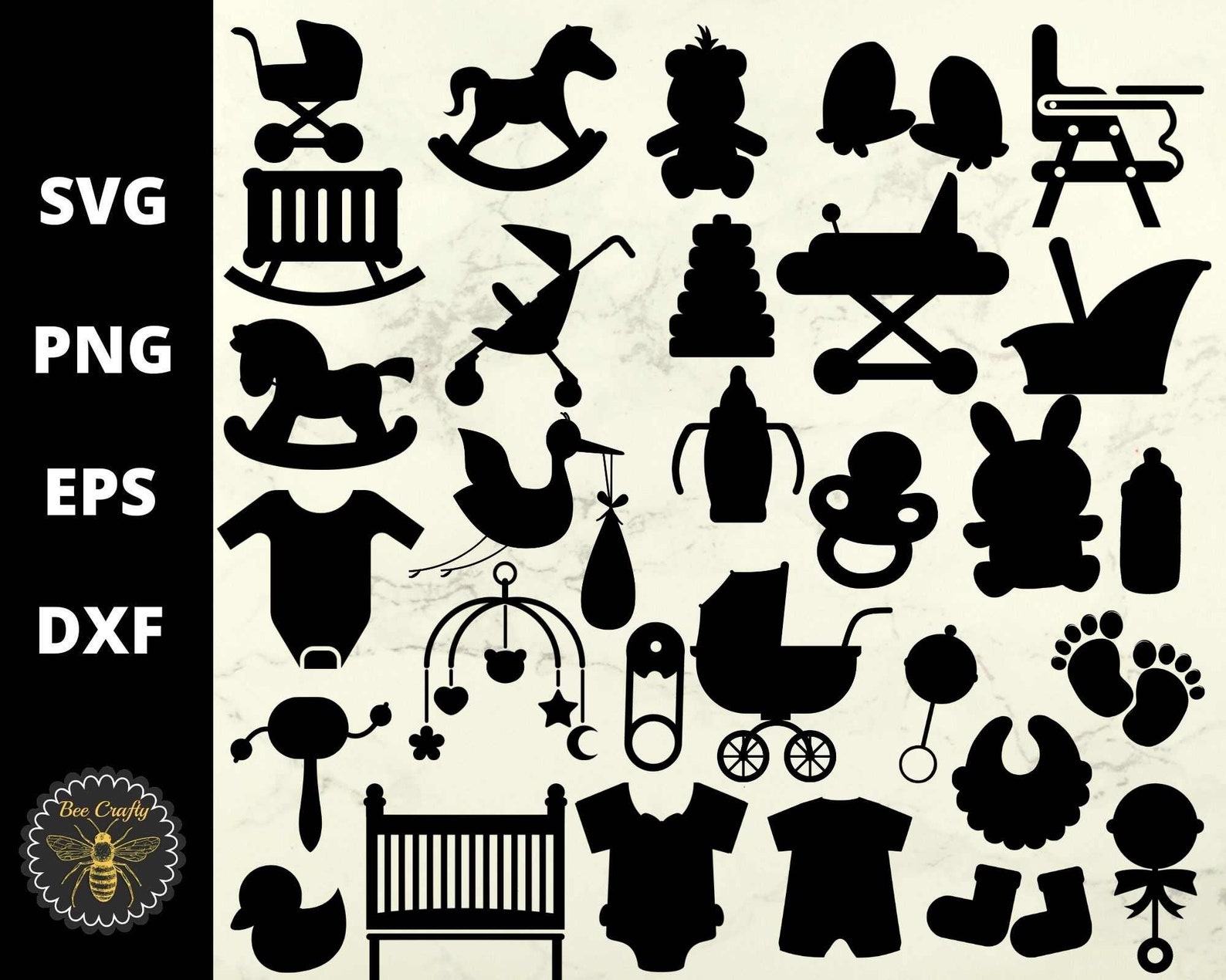 Baby SVG Bundle | Pram Cot Teddy Dummy Rocking Horse Stork Silhouettes ...
