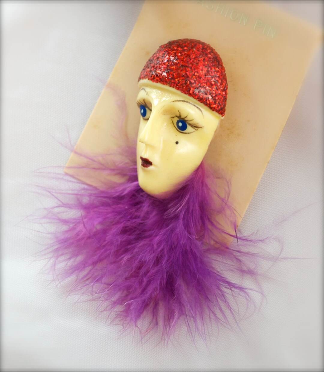 Vintage Lady Pin Face Harlequin Pin Face Feather Brooch 1960's - Etsy