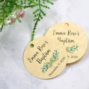 Round Baptism Tags With Greenery Personalized Baptism Favor Tags Girls ...