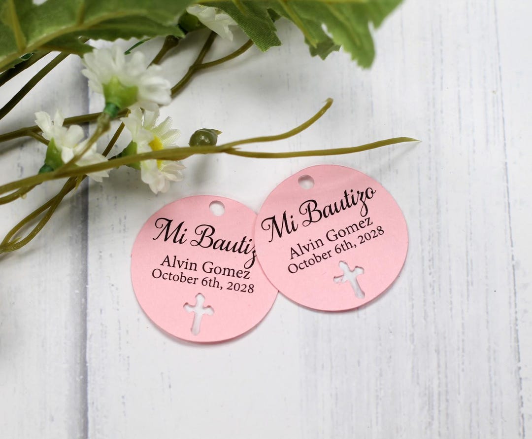 Round Baptism Tags - Mi Bautizo - Thank You Labels for Baptism - Pink ...